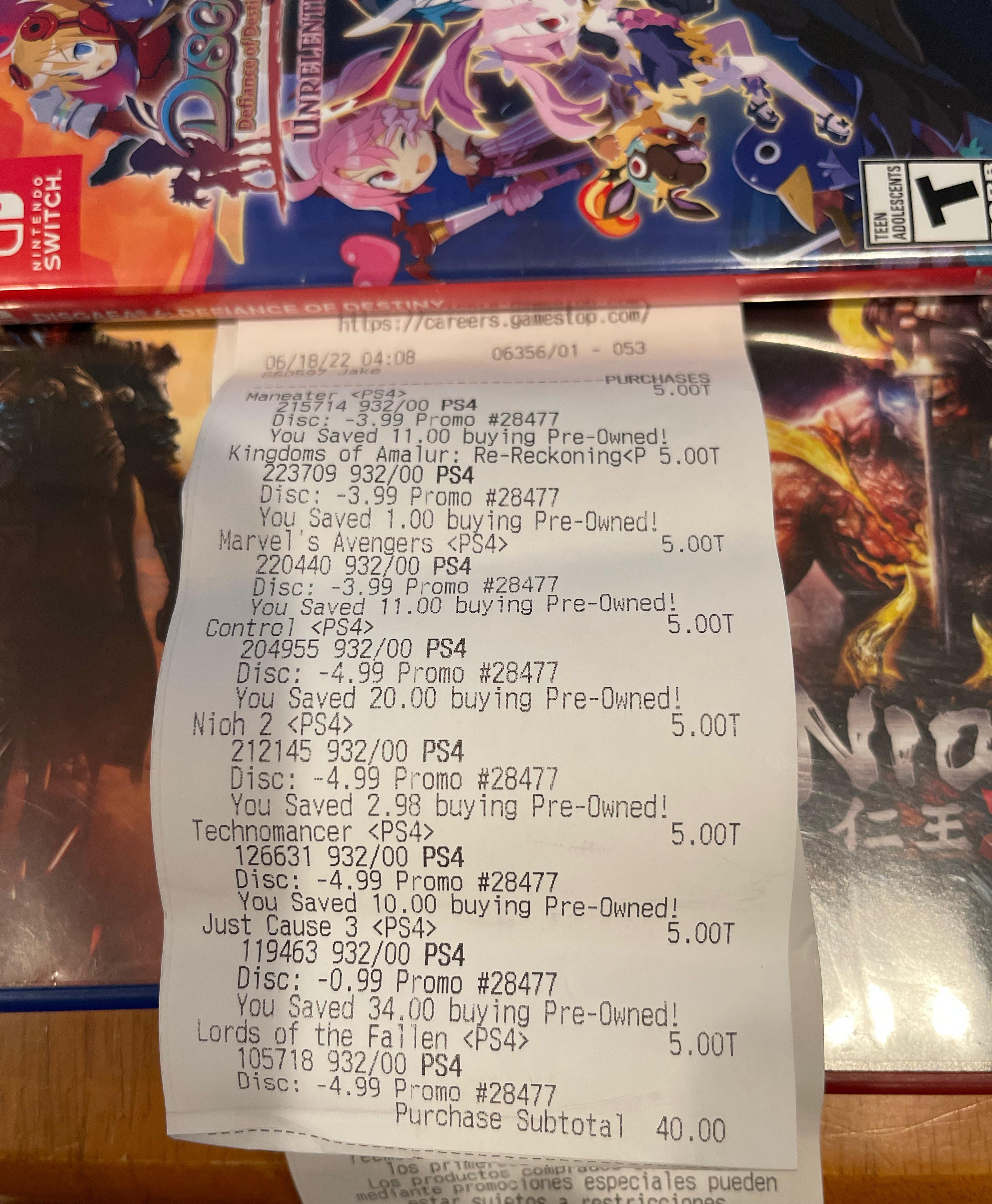 More receipt porn for your eyes to fist on! GameStop 4 for 20 plus Disgaea 6 Unrelenting Edition ...