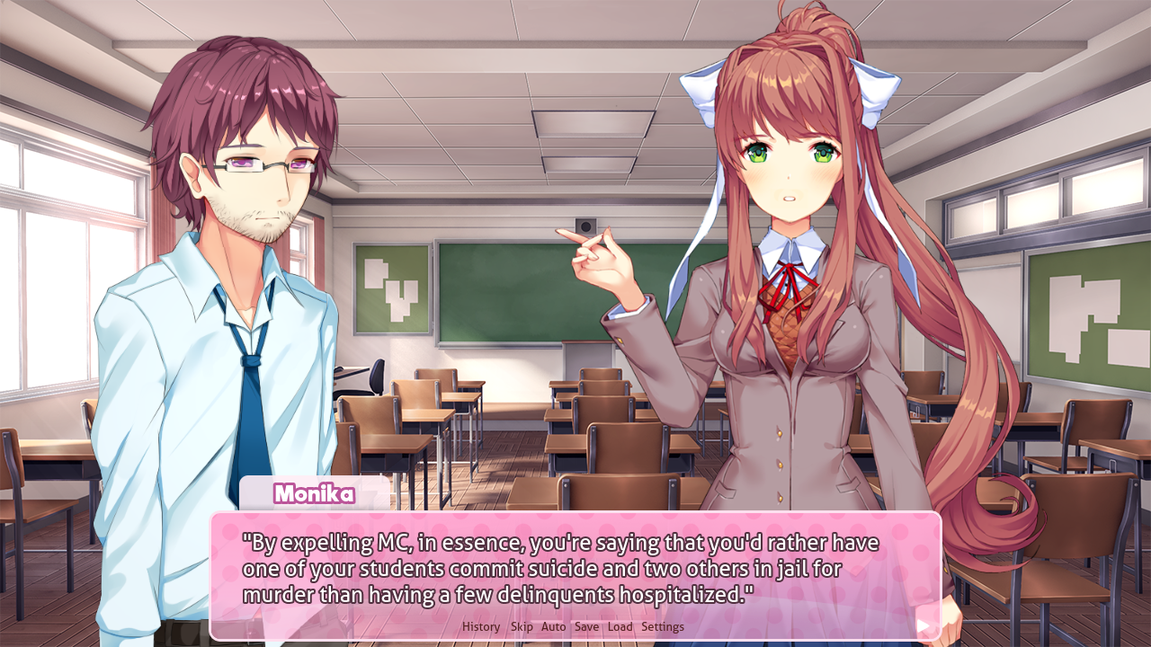 Monika convinces the principal to not expel MC for beating the absolute shit out of the bullies ...