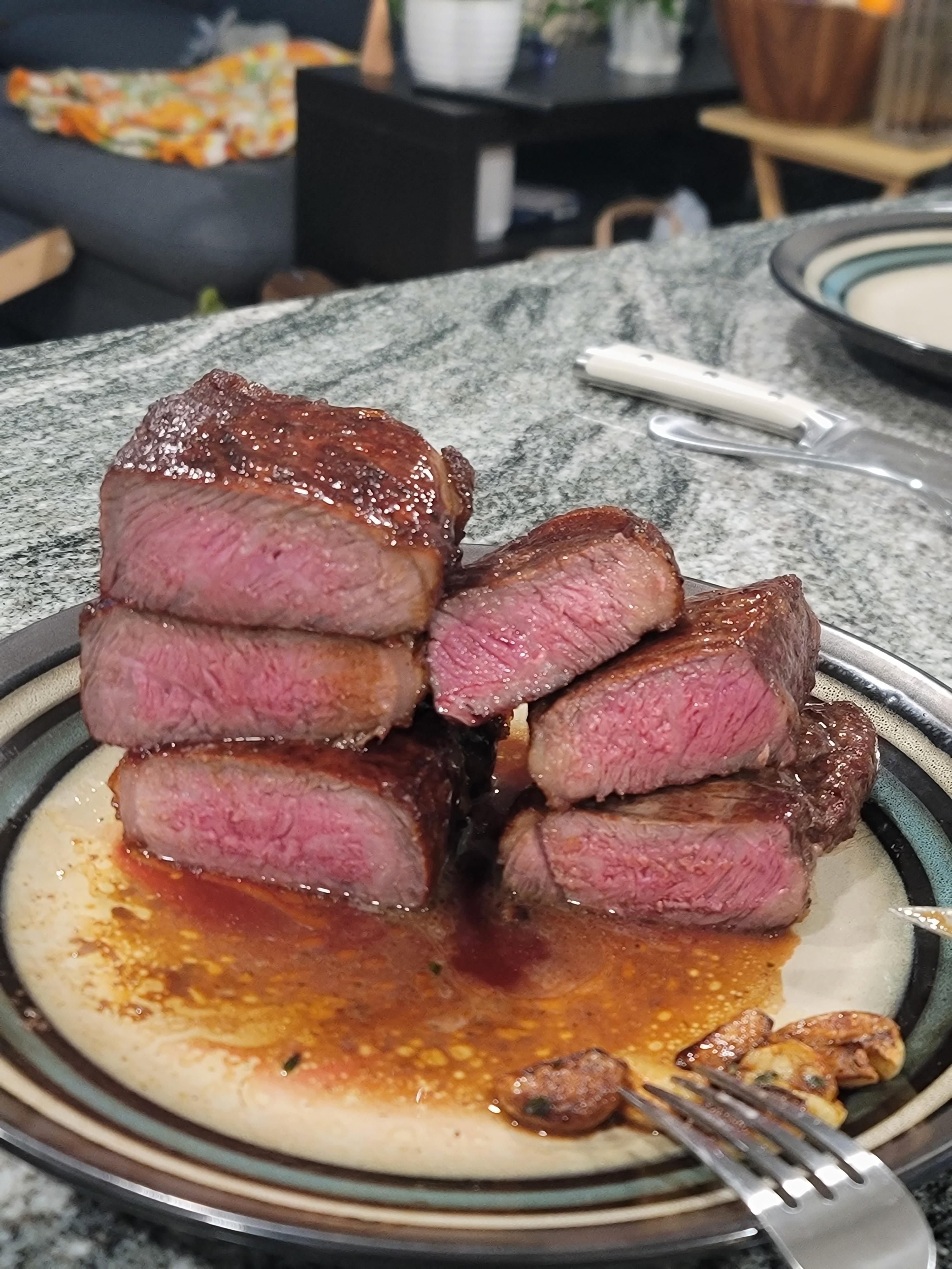 Made a wagyu and angus strip for my friends. Tried reverse sear for the first time. | Scrolller