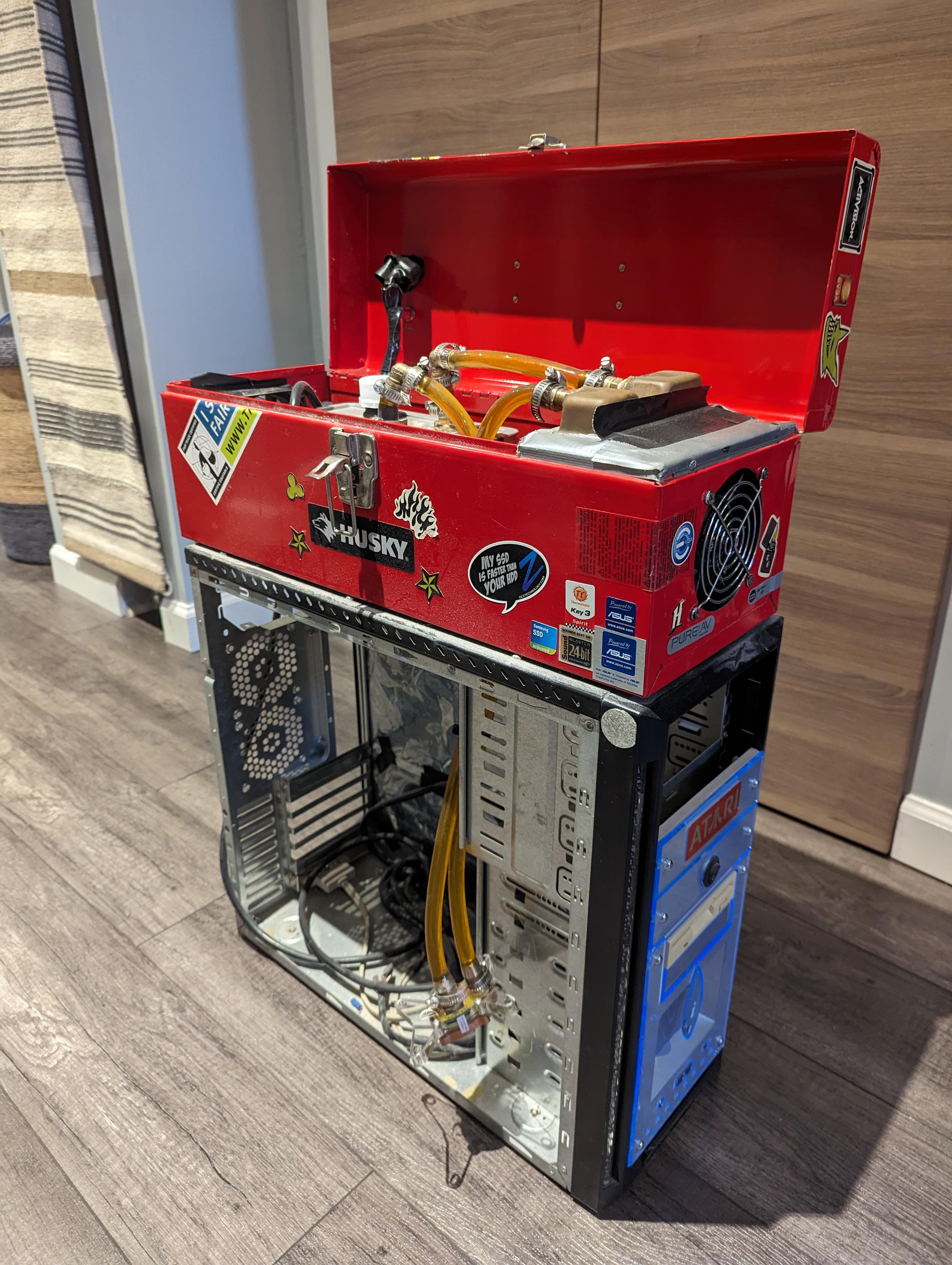 My radiator fluid cooled PC case that I built in 2005, with a Husky toolbox, the heater core ...
