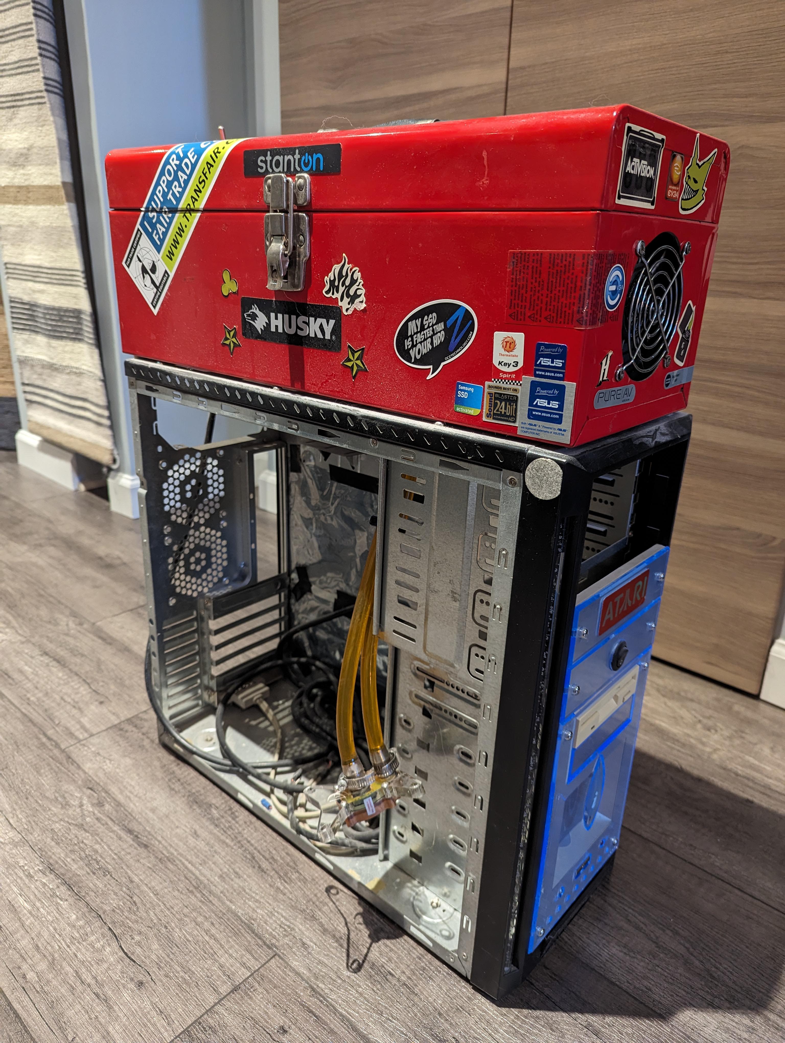 My radiator fluid cooled PC case that I built in 2005, with a Husky toolbox, the heater core ...
