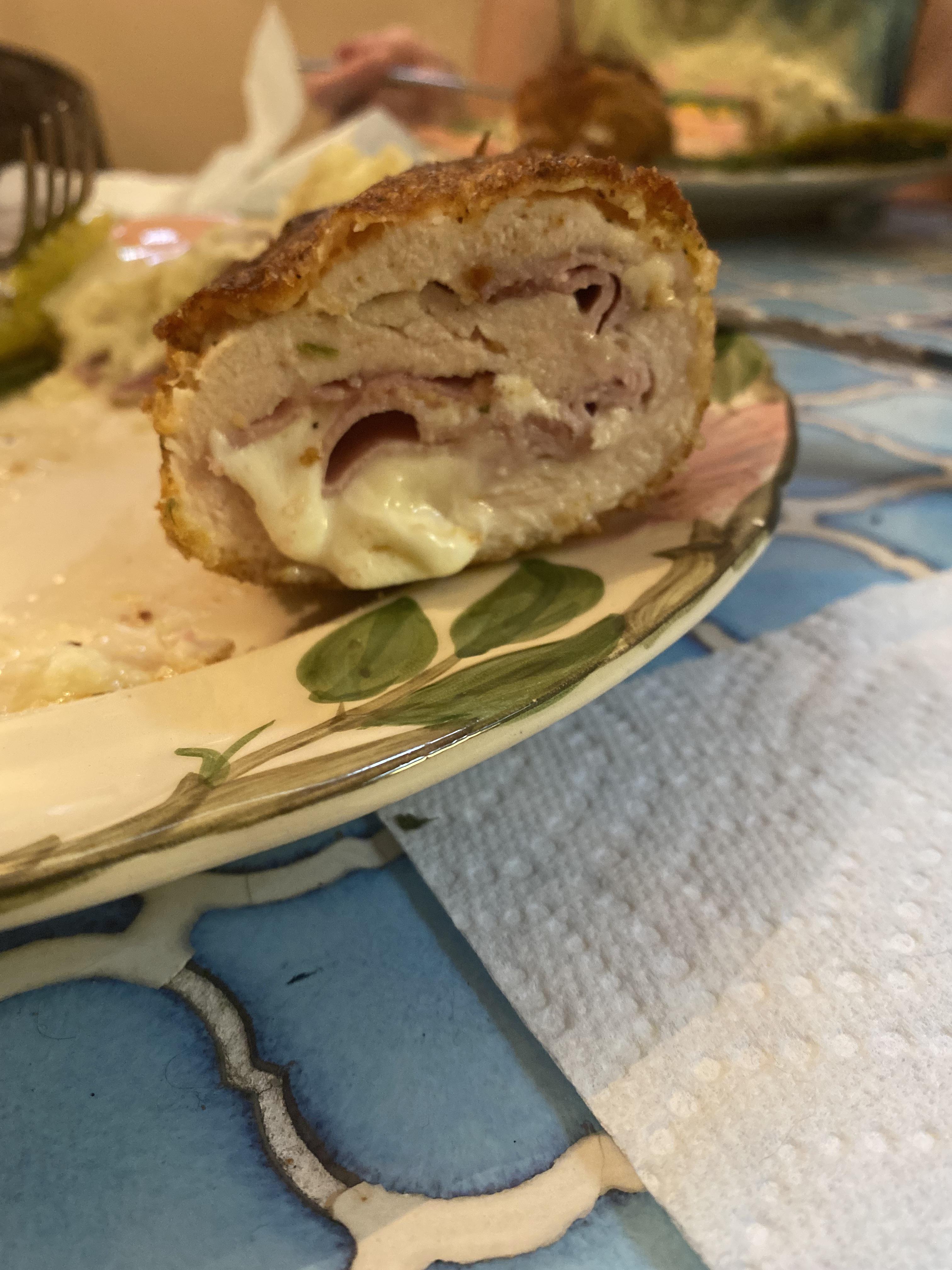 [homemade] chicken cordon bleu with mashed redskin potatoes and seared vegetables. | Scrolller