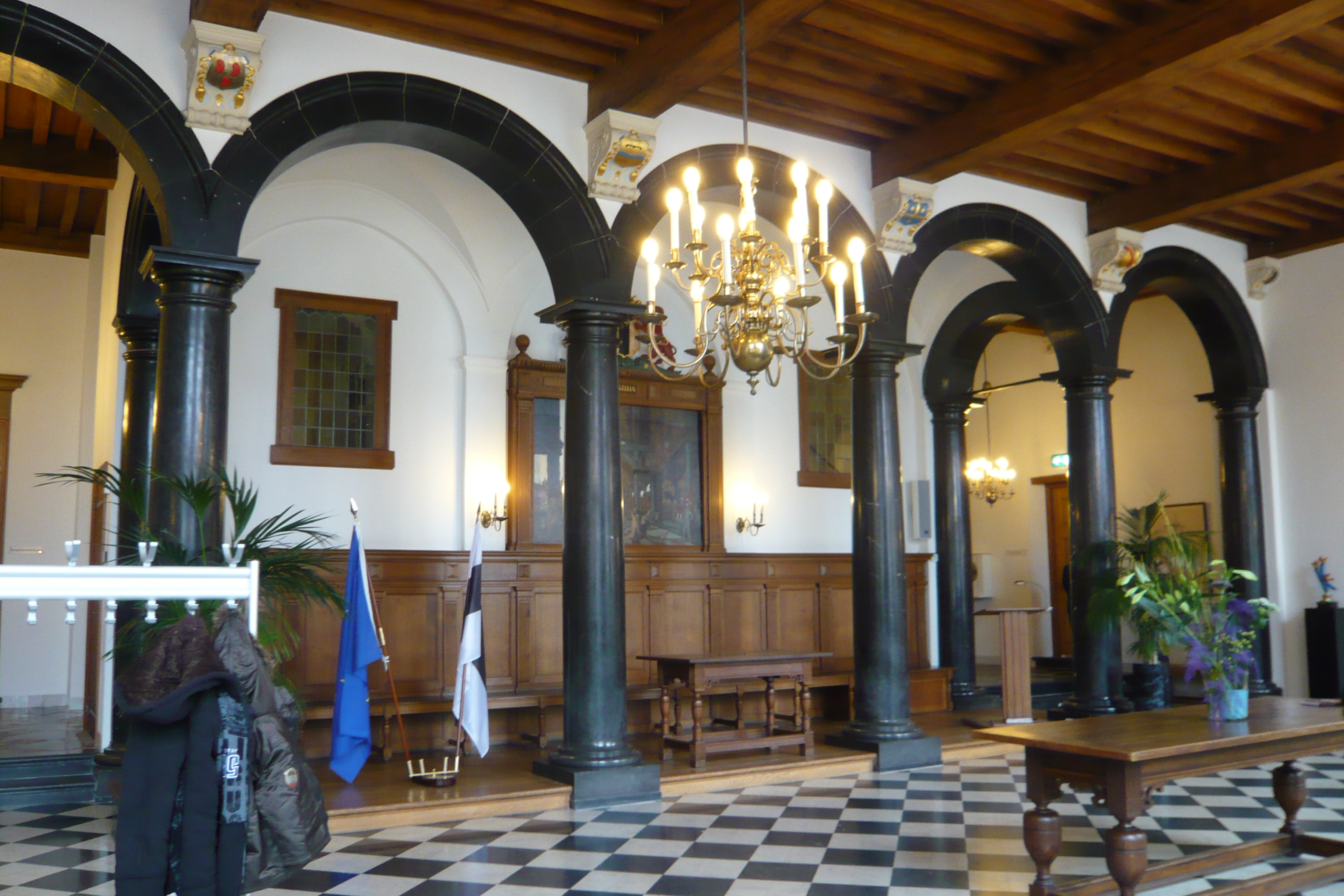 Solomon's first judgment (installed on the wall behind the bench) in the Vierschaar, Delft city ...